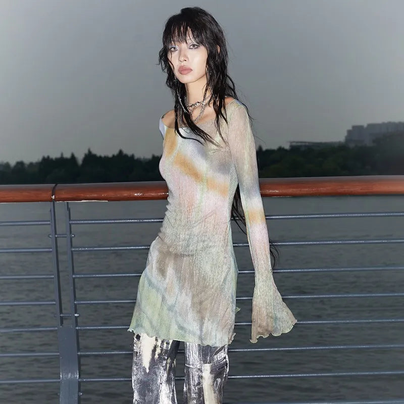 Y2K Vintage Flare Sleeve Sheer Mesh Top – Oradola